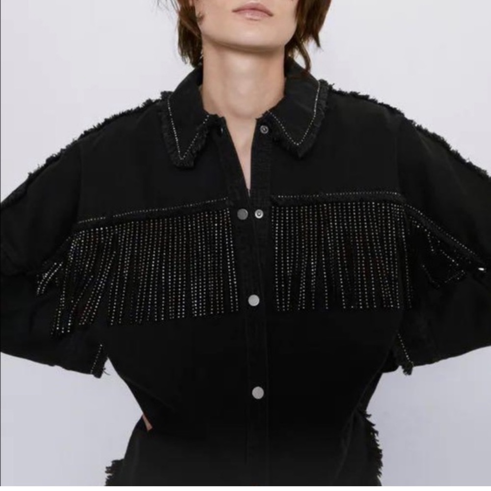 Zara Denim Jacket With Bejeweled Fringe Rhinestone Bl… - Gem